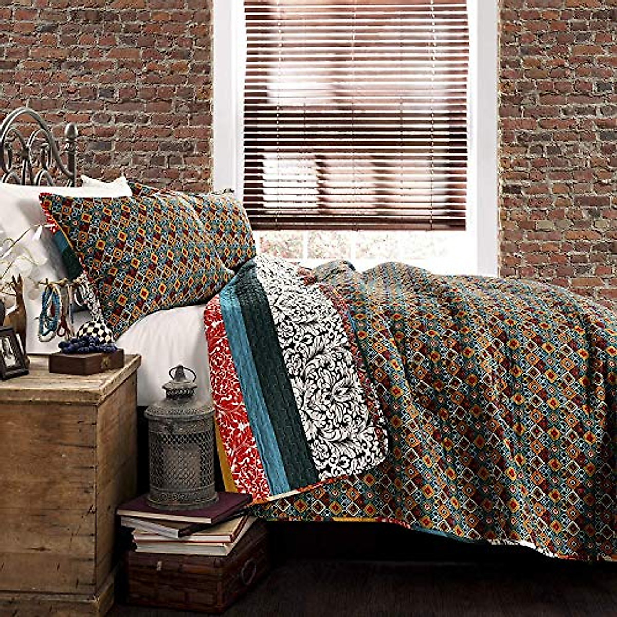 Lush Decor Boho Stripe Quilt Reversible 3 Piece Bohemian Design Bedding Set - King - Turquoise and Tangerine