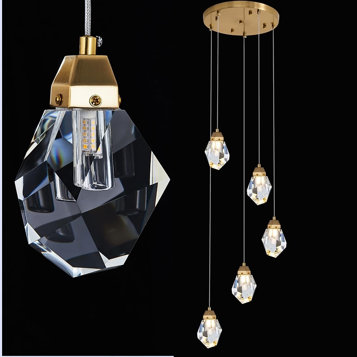 KOKAiZeeKi Dimmable Brass Gold Crystal Pendant Light - Modern 5-Light Diamond Chandelier for Kitchen Island, Dining Room, Hallway, and Bathroom
