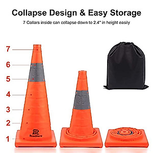 RoadHero 28 Inch [2 Pack] Collapsible Traffic Safety Cones, Multi Purpose Pop-up Cones with Reflective Collar for Road Safety, Orange Cones with LED Light for Driving Training, Parking Lots