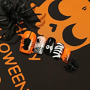 Halloween Press on Nails Glossy Medium Square Fake Nails Black White Spider Web Cartoon Eyeball False Nails Day of the Dead Full Cover Acrylic Artificial Nails Reusable Stick on Nails Glue on Nails
