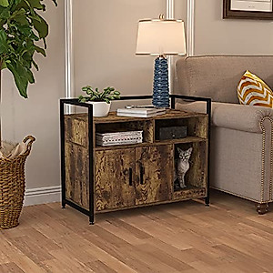 GDLF Iron & Wood Sturdy Structure Large Pet Crate Cat Washroom Hidden Cat Litter Box Enclosure Furniture as Nightstand with Cat Scratch Pad Easy Assembly (Brown)