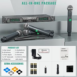 Phenyx Pro Wireless Microphone System, 4-Channel UHF Wireless Mic, Fixed Frequency Metal Cordless Mic with 4 Handheld Dynamic Microphones, 260ft Range, Microphone for Singing,Church(PTU-5000-4H)