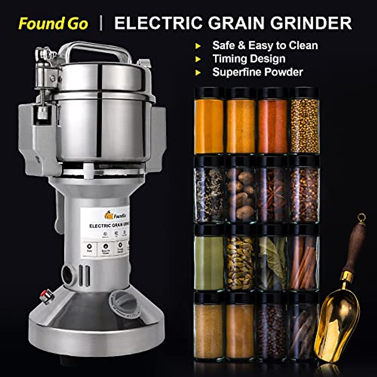 FoundGo Electric Grain Mill 10.6oz/300g Commercial Grain Grinder Stainless Steel Powder Grinding Machine 25,000rpm Pulverizer for Spice/Coffee/Flour/Pepper/Herb Superfine (300g, Standing)