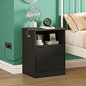 EPHEX Set of 2 End Table with USB Ports & Power Outlets, Black Nightstand with Charging Station, Side Table with Storage Cabinet for Home Office