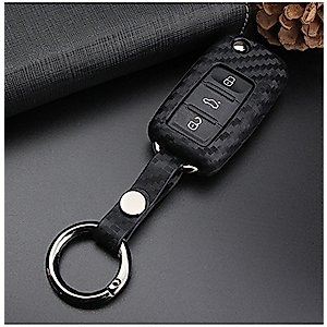 M.JVisun Soft Silicone Rubber With Carbon Fiber Texture Pattern Skin Cover Protector For Volkswagen Fob, Car Keyless Entry Remote Key Fob Case For VW Volkswagen 2 3 Buttons Fob Remote Key - Black