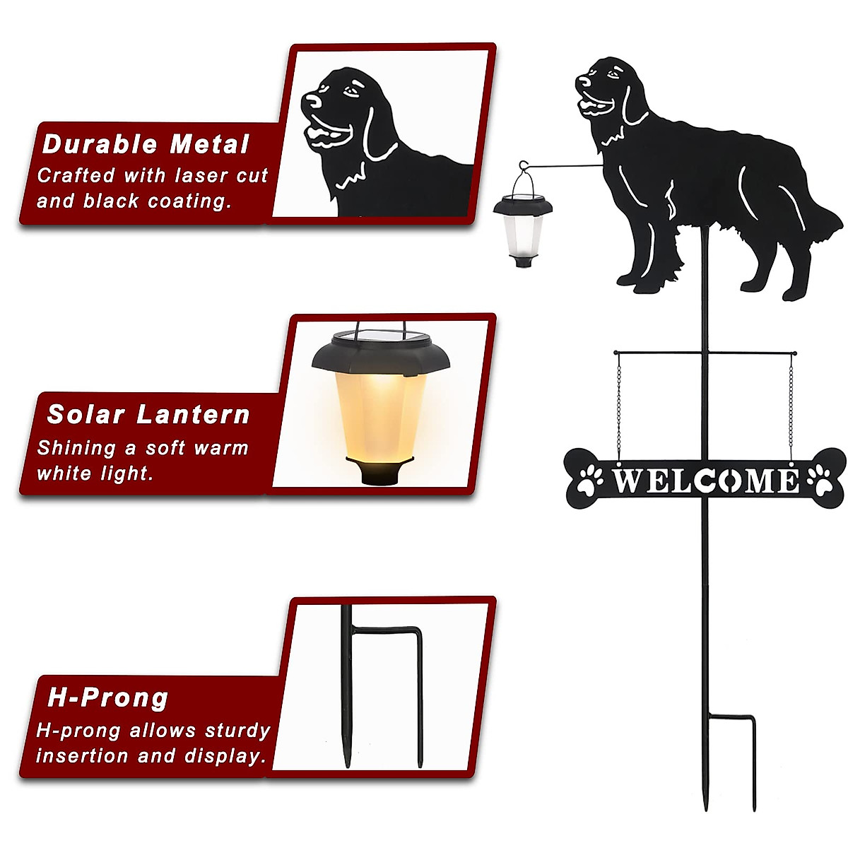 BAYN Solar Golden Retriever Garden Stakes Decorative with a Lantern Dog Silhouette Welcome Sign Outdoor Garden Decor for Yard, Lawn, Patio, Pathway