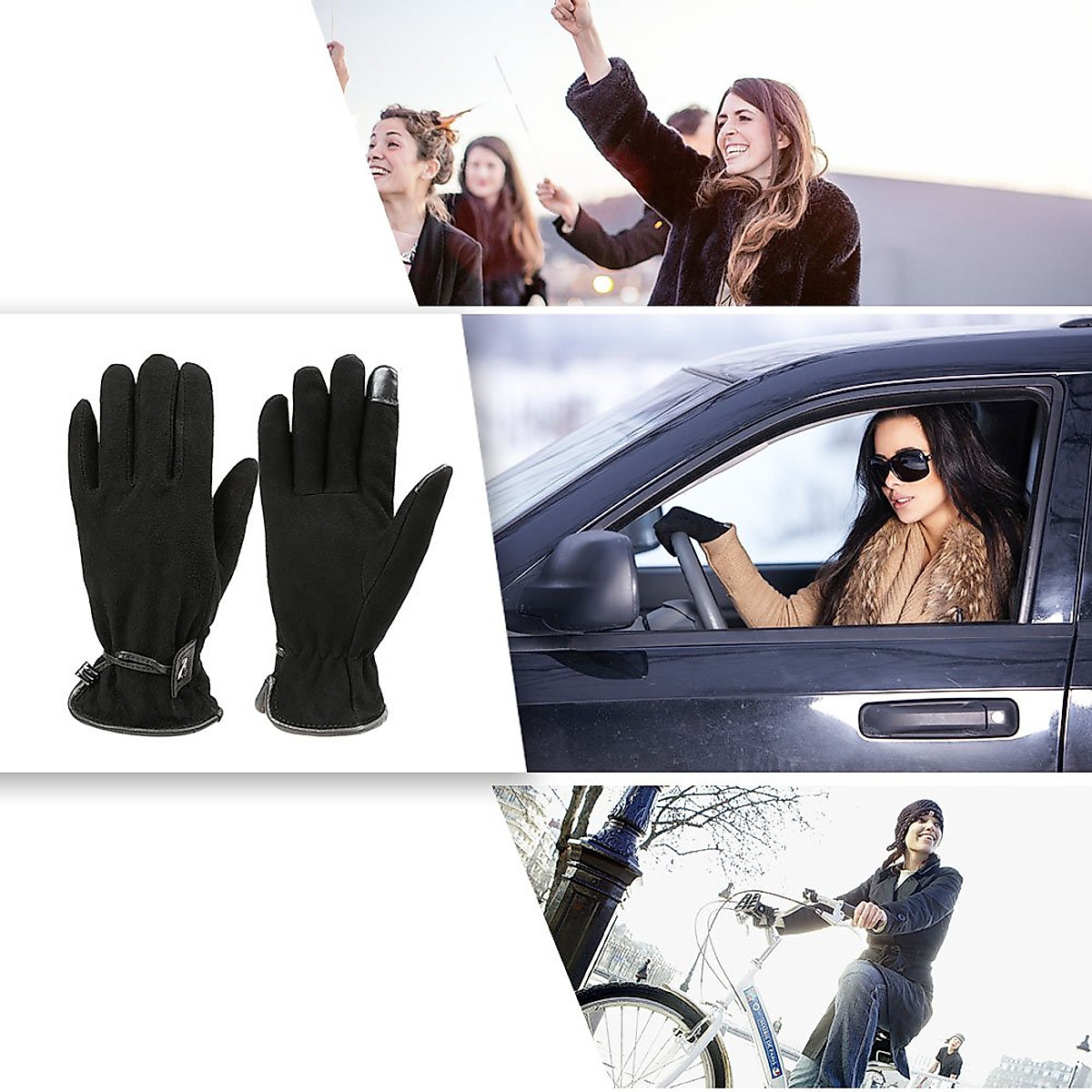 OZERO Winter Gloves for Women Touch Screen Deerskin Suede Leather Thermal Silky Velour Lining Cold Proof Hands Warm Gifts (Black,Medium)