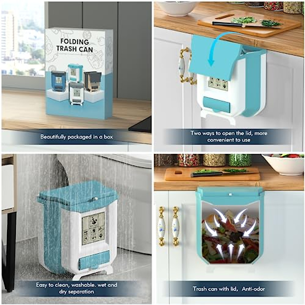 HI NINGER Small Trash Can with Lid, 2.4 Gallon Capacity, Blue/White Color, Plastic Material, Hanging Design, Ideal for Kitchen, Bathroom, RV, Camping