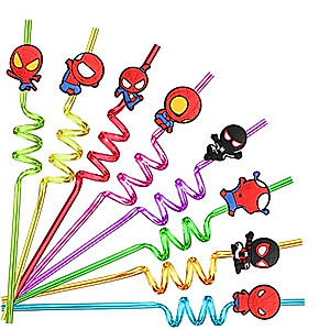 24 Spiderman Party Favors Reusable Drinking Straws 8 Designs Great for Spiderman Birthday Party Supplies with 2 Cleaning Brushes