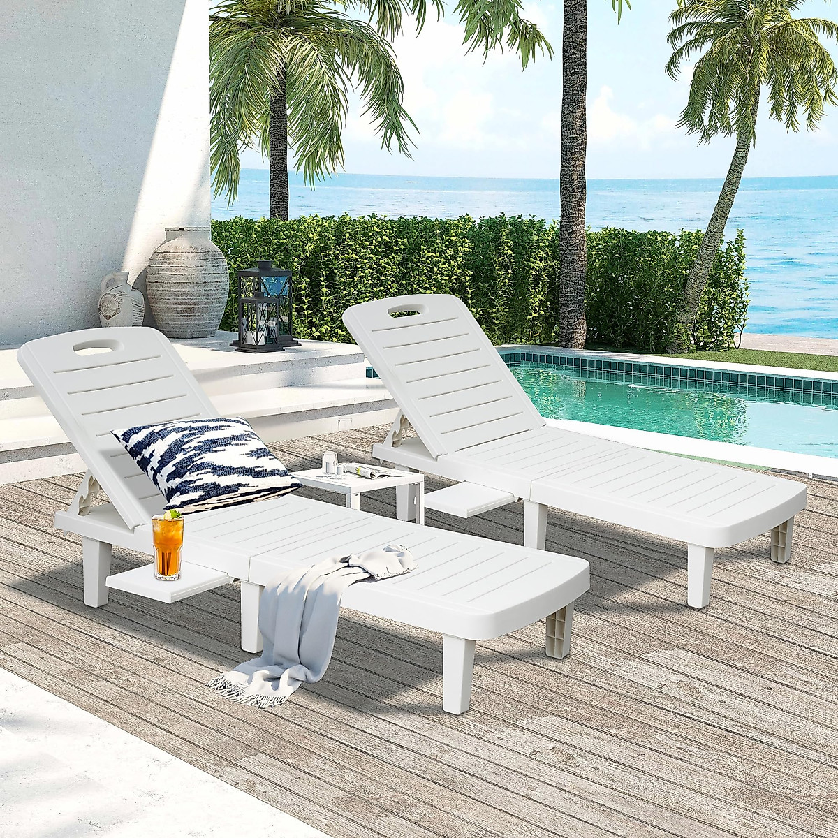 LUCKYERMORE Outdoor Chaise Lounge, Patio Lounge Chairs for Outside, 74" Pool Lounge Chairs wih 4 Level Adjustable Backrest, 350lbs Weight Capacity Plastic White Pool Furniture, Waterproof