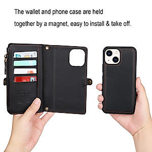 DKDKSIP for iPhone 15 Wallet Case for Women, Support Wireless Charging with RFID Blocking Card Holder, PU Leather Zipper Wallet Detachable Magnetic Phone Case with Crossbody Strap, Black