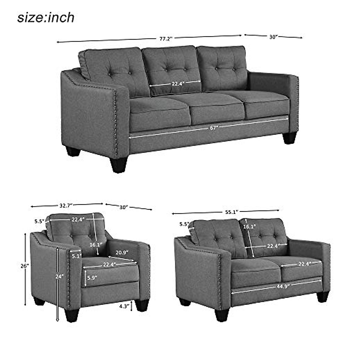 ERYE 3 Pieses Mid-Century Modern Sofa Sets Linen Fabric Tufted Back Sofa&Couch Include 3 Seaters Couch, Loveseat and Armchair with Rivets Rivets for Home Apartment Office Living Room Sets