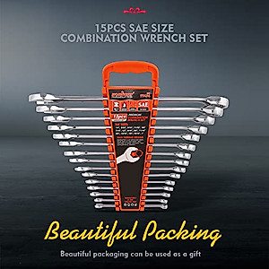 HORUSDY 15-Piece SAE Wrench Set, V Notch Premium Combination Wrenchs Set, SAE 1/4" to 1", Max Torque, 12-Point, Chrome Vanadium Steel, with Storage Rack