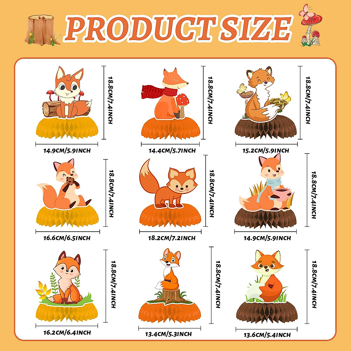 9PCS Fox Honeycomb Centerpieces 3D Table Topper Woodland Animals Double Side Centerpieces for Girl Boy Fox Theme Baby Shower Birthday Party Decorations
