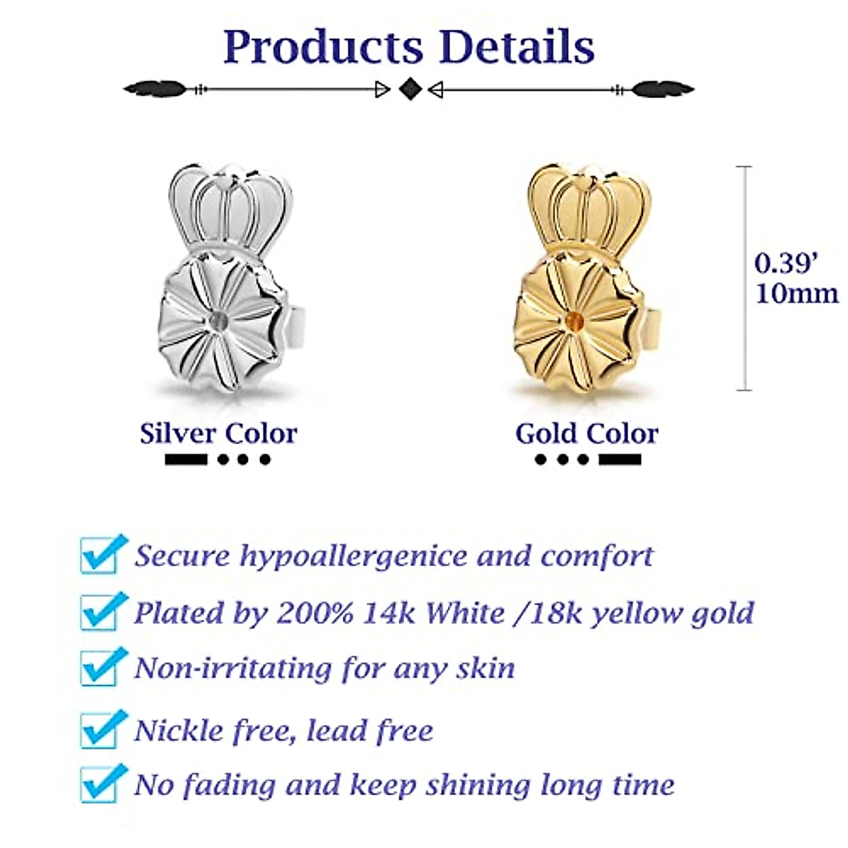 2 Pairs Earring Backs for Droopy Ears,Adjustable Crown Large Earring Backs for Heavy Earring,18K Gold Plated Hypoallergenic Earring Lifters Secure Earring Backs for Studs(WhiteGold)