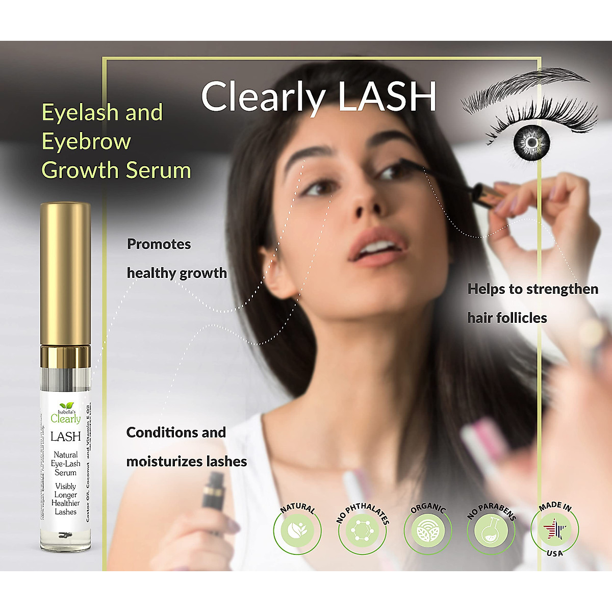 Clearly LASH, Natural Eyelash Growth Serum for Longer, Fuller Enhanced Lashes and Brows with Castor Oil + Vitamin E | Irritation Free and Paraben Free