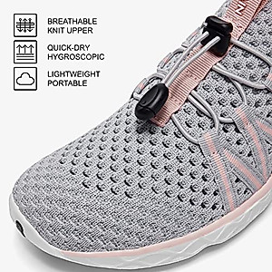 KOLILI Womens Aqua Shoes for Water Aerobic, Quick Drying Water Hiking Shoes, Breathable Slip on Water Shoes with Arch Support for Beach Swimming/Walking Gray/Pink Size 8