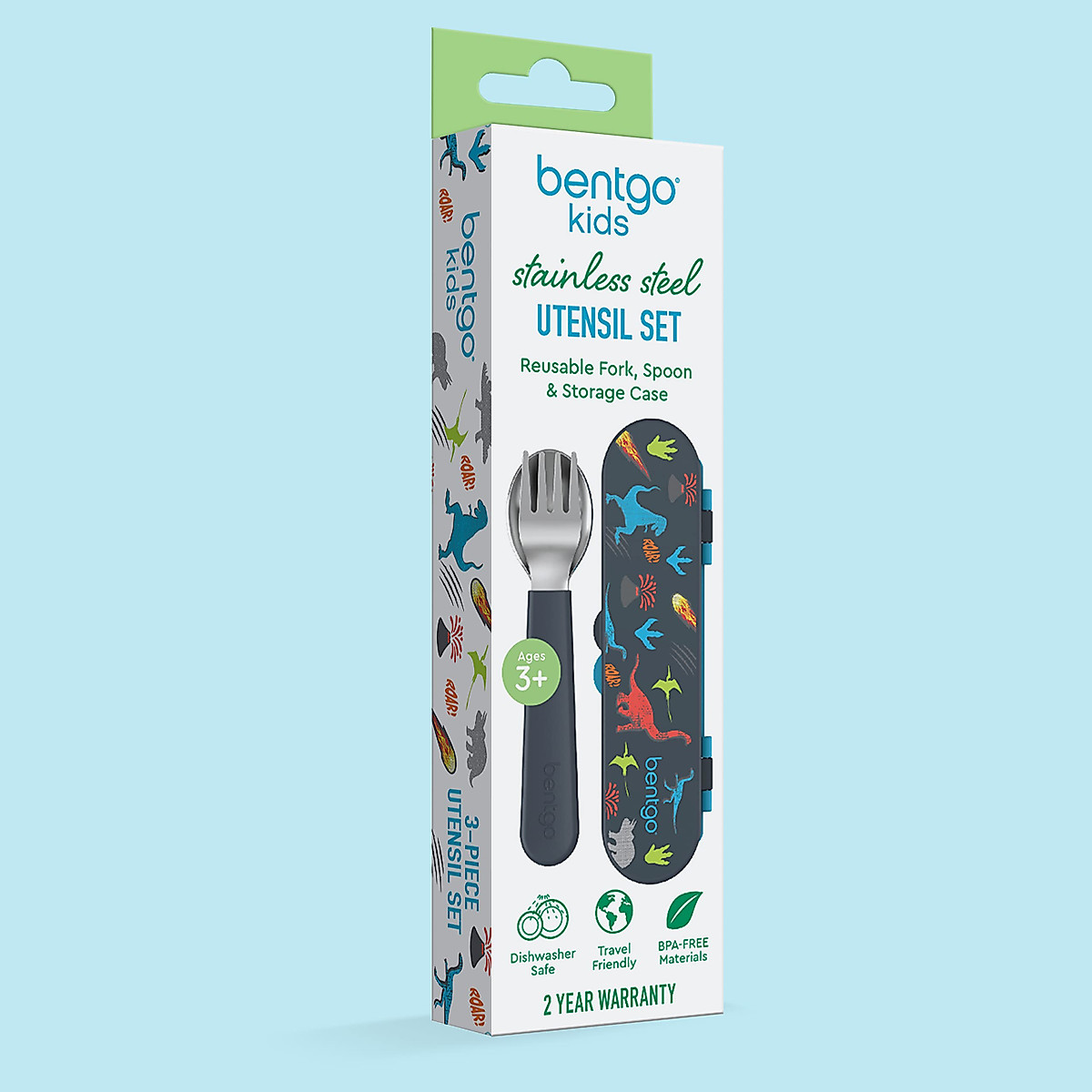 Bentgo® Kids Stainless Steel Utensil Set - Reusable Fork, Spoon & Storage Case - High-Grade BPA-Free Stainless Steel, Easy-Grip Handles, Dishwasher Safe for School Lunch, Travel & Outdoors (Dinosaur)