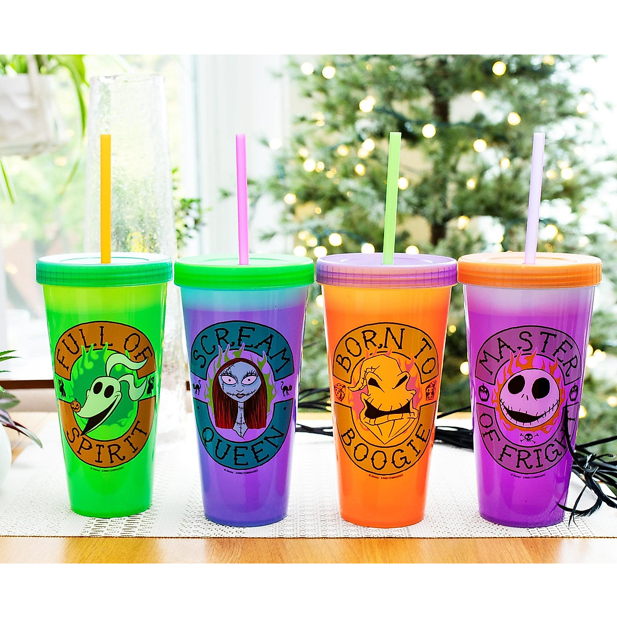 Disney The Nightmare Before Christmas Townsfolk Color-Changing Plastic Tumbler Cups, Set of 4 | Include Reusable Straw and Leak-Resistant Lid