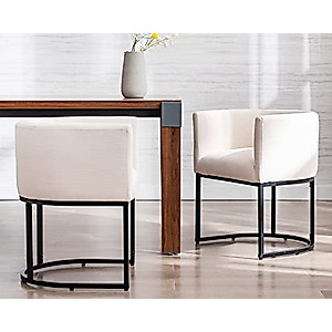 Mid Century Modern Upholstered Dining Chairs with Arms Set of 6, Contemporary Linen Kitchen & Dining Room Chairs, 18.5" Wide Accent Chairs for Dining Room Living Room with Black Metal Frame, Cream