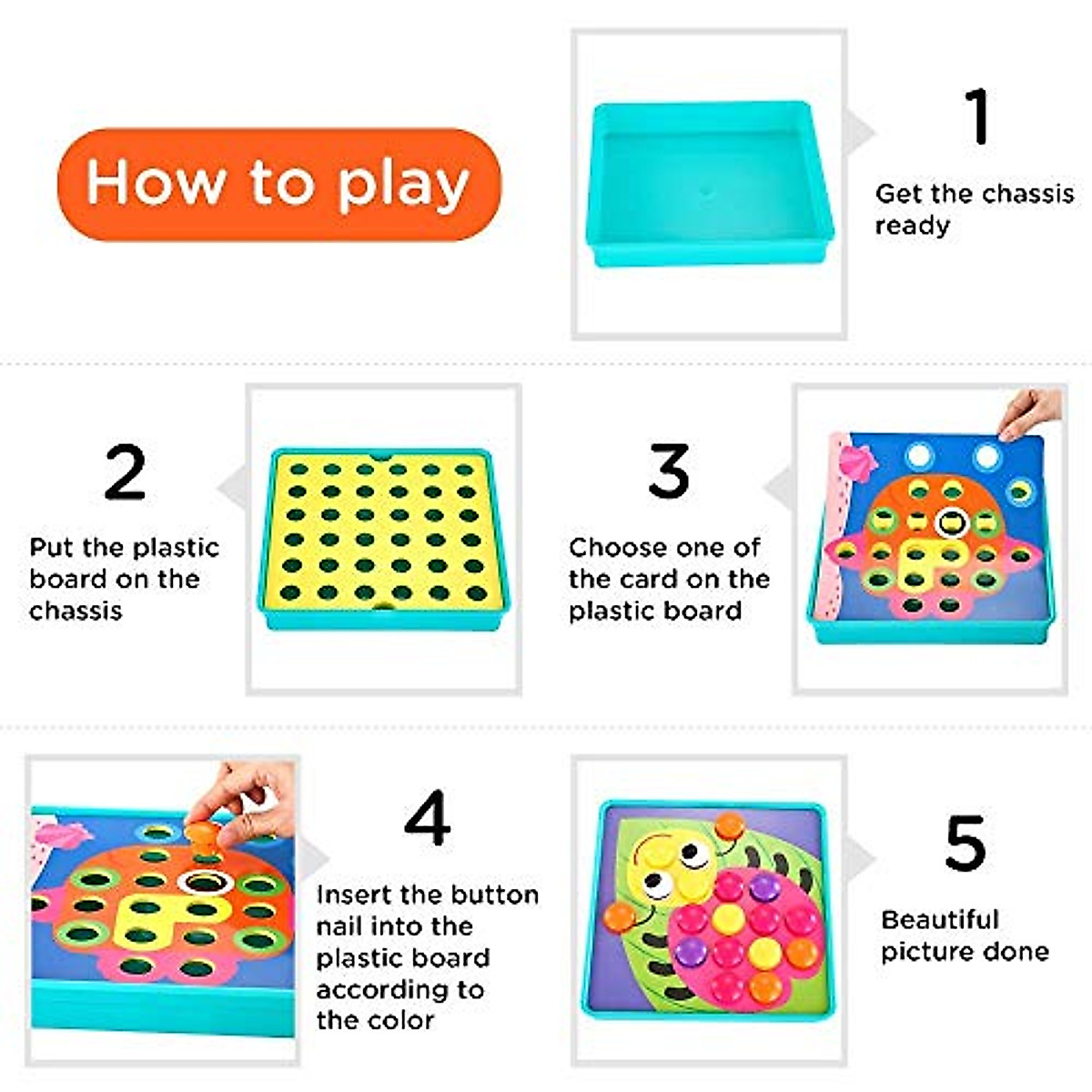 TINOTEEN Button Art Toy for Toddlers,Toddler Activities Crafts Color Matching Early Learning Educational Mosaic Pegboard 50 Buttons and 18 Pictures