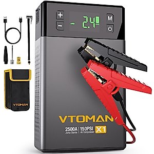 VTOMAN X1 Jump Starter with Air Compressor, Car Battery Jumper Starter (2500A, Up to 8.5L Gas/6L Diesel Engine) with 150PSI Auto Tire Inflator, 12V Portable Booster Pack, Lithium Jump Box Charger-Gray