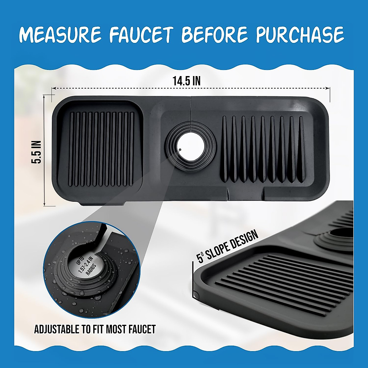 Draining Mat for Kitchen Sink, 14.5 x 5.5 Inches With 5° Slope Silicone Splash Guard, Protects Sinks from Splashing, Dish Soap Dispenser & Sponge Holder Mat Behind Faucet