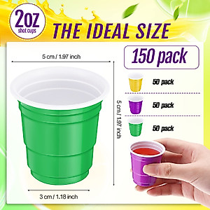 Meanplan 150 Pcs Mardi Gras 2 oz Plastic Shot Glasses Disposable Shot Cups Mini Colorful Small Party Cups for Mardi Gras Party Drinking Tasting Serving Snacks Samples, Purple Yellow Green