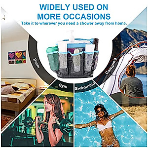 Shower Tote Bag, Portable Shower Caddy Tote Organizer with Handle and 7 Pockets, Mesh Shower Bag for Dorm Room Gym Bathroom Camping, Large Capacity (Black, Blue)