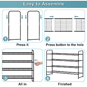 AOODA 4 Tier Long Metal Shoe Rack for Closet Wide Stackable Shoe Organizer for Entryway, Bedroom, Floor, Holds 30 Pairs Men Sneakers Large Shoe Storage Shelf with Wire Grid, Black
