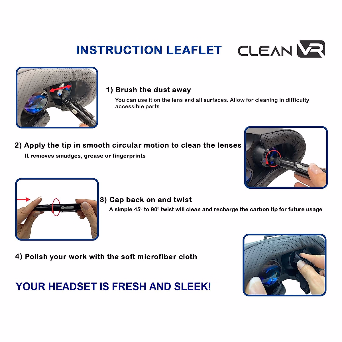 Clean VR Kit for Cleaning Virtual Reality Accessories Compatible with Meta Quest 3 Oculus Quest 2 Vision Pro, Optical Lens Dust | Lens Cleaning Pen + 2 Microfiber Cloths