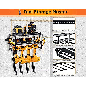 Power Tool Organizer, Garage Storage Wall Mount with 2 Pc Shelves/Heavy Duty Garage Organizers/Utility Rack for Screwdriver Pegboard Shed Workshop Cordless Drill Holder/Dad & Husband Garage Gifts