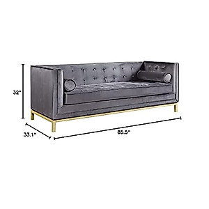 Iconic Home Dafna Club Sofa Sleek Elegant Tufted Velvet Plush Cushion Brass Finished Stainless Steel Brushed Metal Frame Couch, Modern Contemporary, Grey