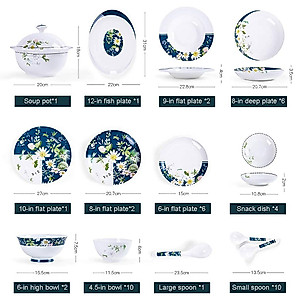 AB-Grade Porcelain Plate and Bowl Set,Ceramics Dinner Sets 46 Pieces Ceramics Dinner Sets,Bowl/Dish/Soup Pot/Spoon|Dinnerware Set Simple Floral Pattern Combination Tableware Set-Compatible with Gift