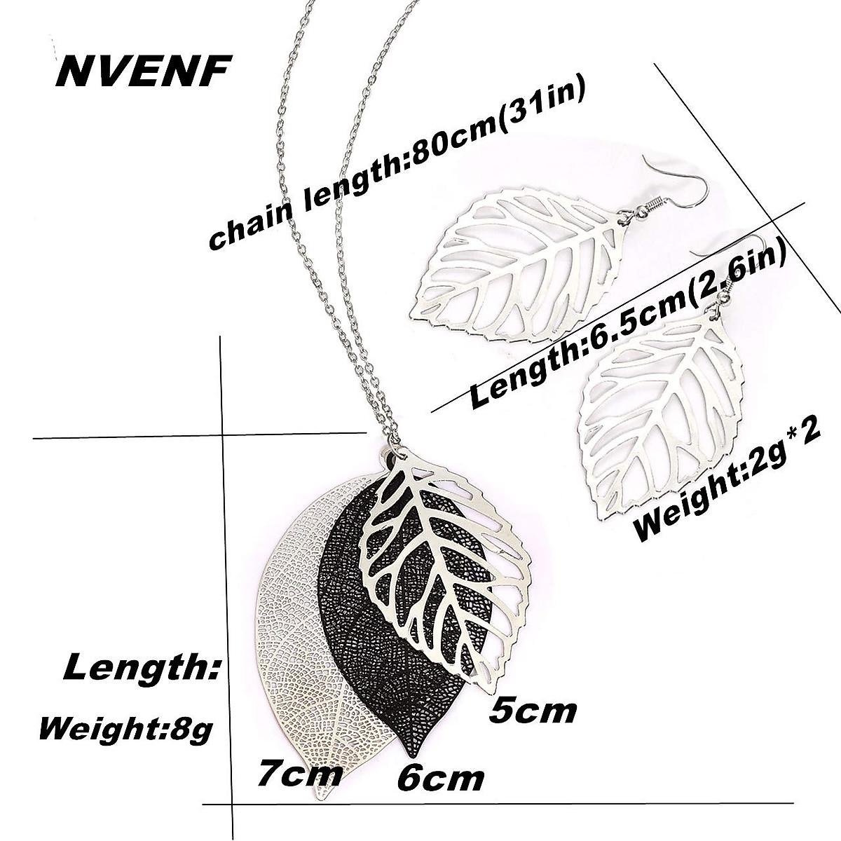 NVENF Leaves Earrings and Long Necklaces Set Multi Tiered Leaf Pendant Necklace Fashion Statement Earrings Metal Sparkling Modern Jewelry Sets (C Silver & Black)