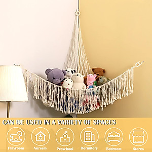 63" x 63" x 51.2" Boho Stuffed Animal Toy Hammock Macrame Large Corner Mesh Toy Storage Hanging Wall Toys Organizer with Light for Bedroom Decor