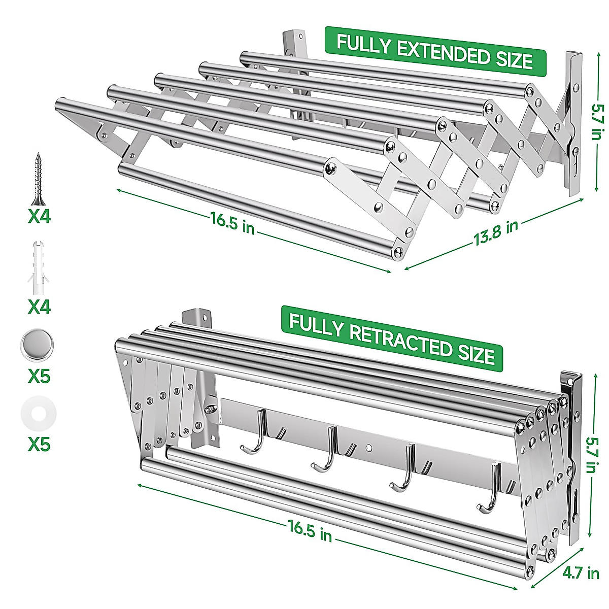 HITASTAR Wall Mounted Drying Rack Clothing for Laundry Foldable 16.5 inch with 7 Rod Space-Saving Stainless Steel Garment Hanger Mounted Organizer for Laundry Room, Bathroom