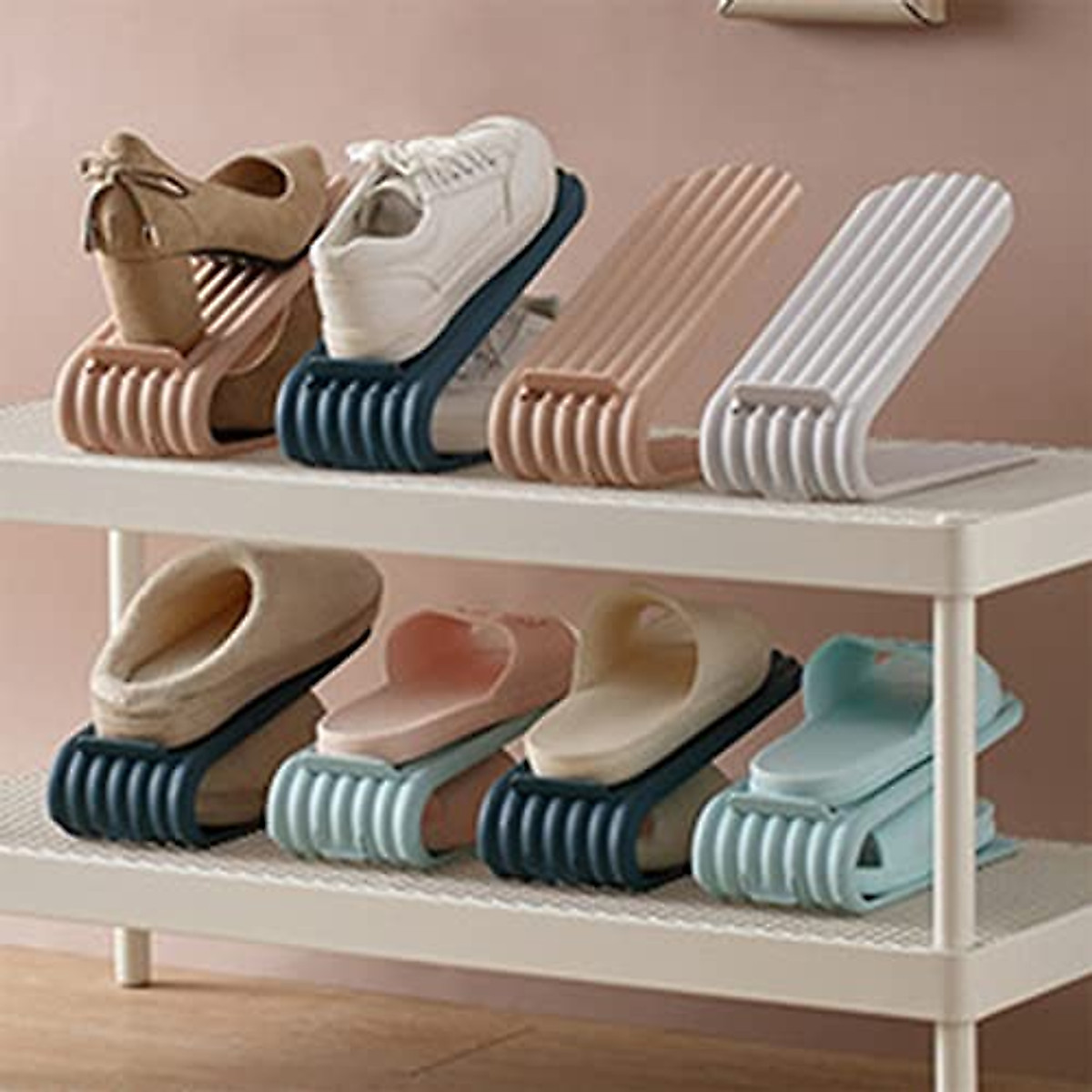 KJGKV Shoe Slots Organizer for Closet Organization Adjustable Shoe Stacker Space Saver Double Layer Shoe Rack Organizer Holder Organization,Dark Blue