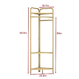 DOORXIFO Corner Gold Clothing Racks Freestanding, Gold Metal Coat Racks with Hooks, Heavy Duty Modern Clothes Rack with 3 Tier Storage Shelves for Home,Bedroom,Living Room