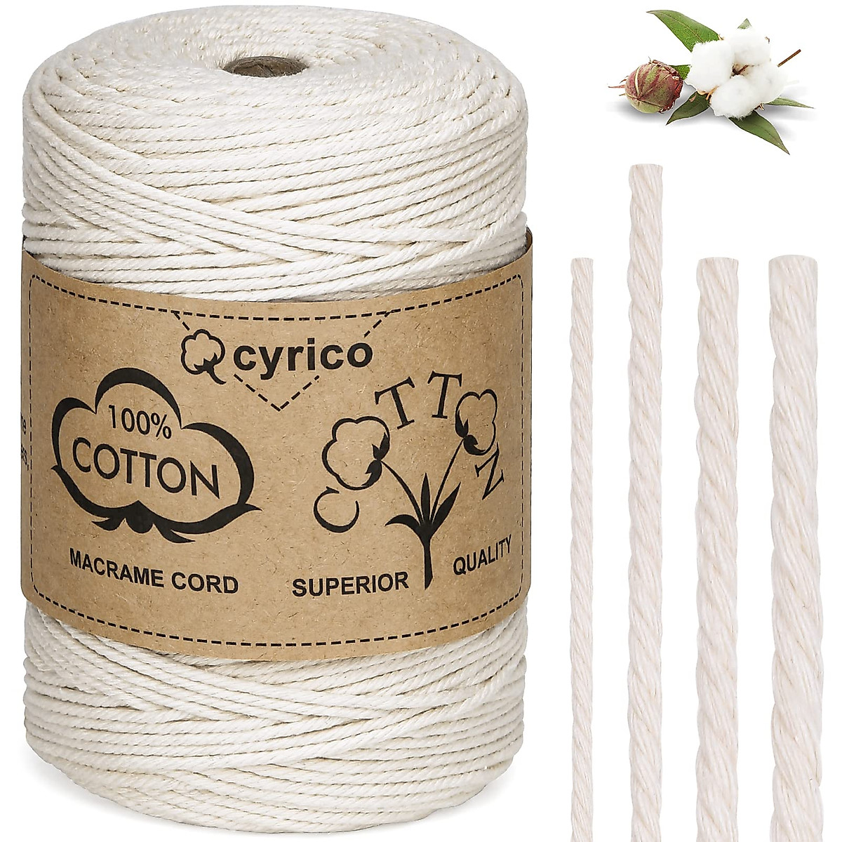 Macrame Cord 3mm x 300 Yards, 100% Natural Cotton Cord Macrame Rope - Twisted Macrame String Supplies for Wall Hanging Plant Hangers Gift Wrapping Wedding Decorations
