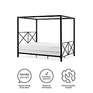 DHP Rosedale Metal Canopy Bed Frame with Four Poster Design and Geometric Accented Headboard and Footboard, Underbed Storage Space, Queen, Black