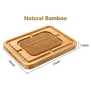 eletecpro Turkey Cutting Board with Grid Grip, Large 17x13x1.5 Inch Bamboo Steak Carving Board, Thick Butcher Block Reversible with Deep Juice Drip Grooves, Thick Serving Tray,Natural