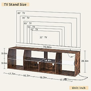 VECELO LED TV Stand for 70 inch Entertainment Center with Power Outlets, Industrial Television Cabinet with 7 Open Storage Shelves, for Living Room and Bedroom, Retro Brown, 70inch