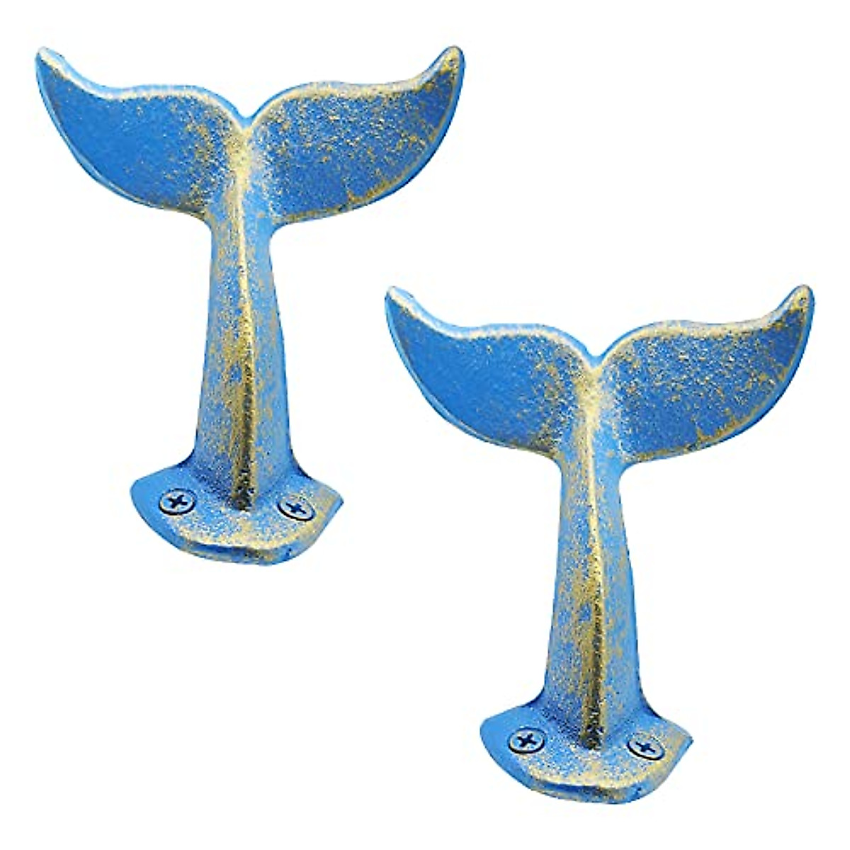 Set of 2 Cast Iron Wall Hook-Unique Whale Tail Shape (Gold & Blue Finish)