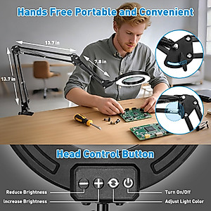 LED Magnifying Lamp with Clamp, 10X Real Glass Lens, 3 Color Modes and Stepless Dimmable Magnifier Desk Lamp,Adjustable Swivel Arm Lighted Magnifying Glass for Repair Craft Close Work-Black