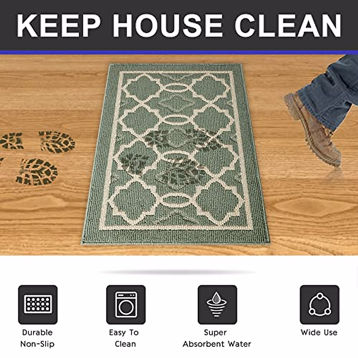 Indoor Door Mat, Non-Slip Mats Rubber Backing Front Back Door Mat, Low-Profile Entrance Rug, Absorbent Resist Dirt Doormat Machine Washable Inside Floor Shoe Doormats for Entryway (Green, 20"x32")