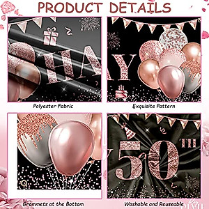 Large Happy 50th Birthday Banner Black and Rose Gold Yard Sign Birthday Banner for Women Girl 50 Years Old Birthday Photo Backgroud Party Indoor Outdoor Decoration Supplies 118 × 19.6 Inch