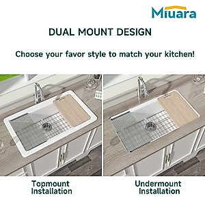 Miuara White Workstation Kitchen Sink 33 Inch - White Undermount Kitchen Sink 33"x19"x10", Large Kitchen Sink Drop In, Single Bowl Topmount Fireclay Sink for Kitchen,with 4 Custom Accessories