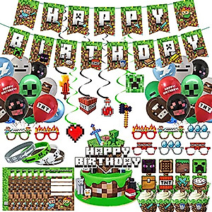 Pixel Style Gamer Birthday Party Supplies for Game Fans, 106 Pcs Miner Theme Birthday Party Decorations for Boys - Banner, Cake and Cupcake Toppers, Cupcake Wrappers, Balloons, Bracelets, Paper Glasses, Hanging Swirls, Invitation Cards.