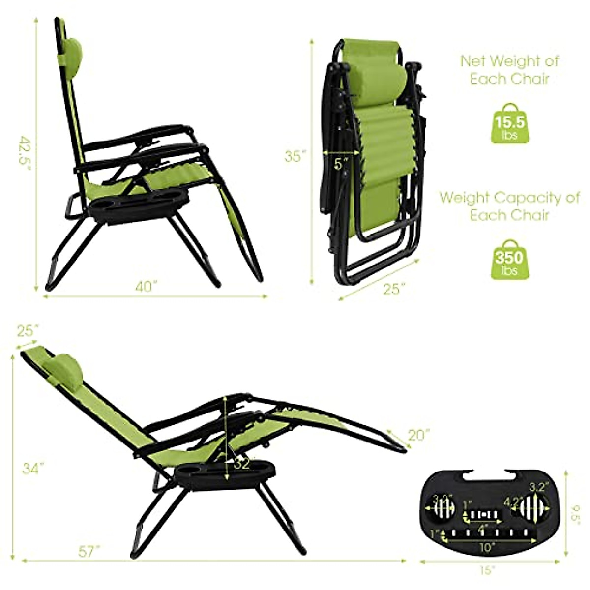 Goplus Zero Gravity Chair, Adjustable Folding Reclining Lounge Chair with Pillow and Cup Holder, Patio Lawn Recliner for Outdoor Pool Camp Yard (Set of 2, Green)